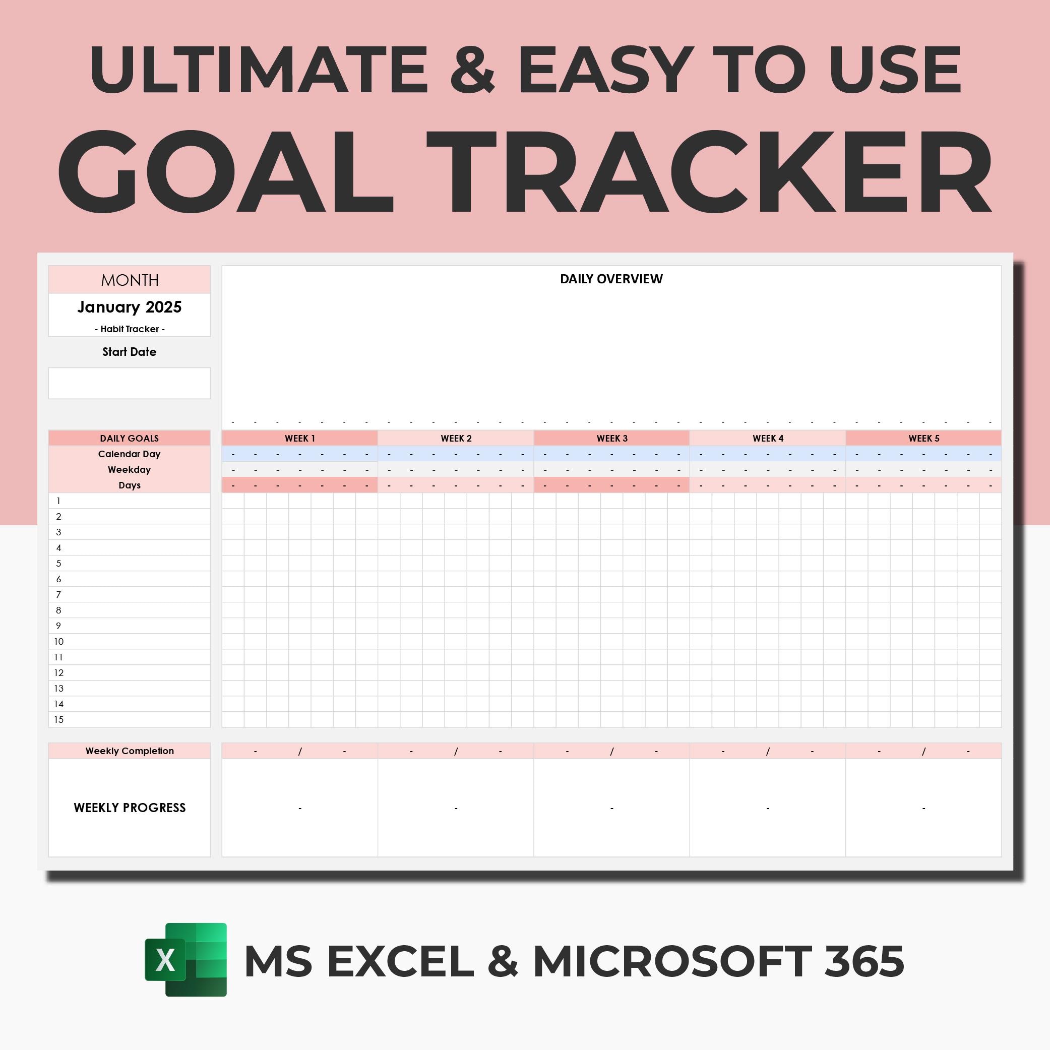 Goal Tracker Template | Excel Spreadsheet | Monthly Weekly Daily Goal ...