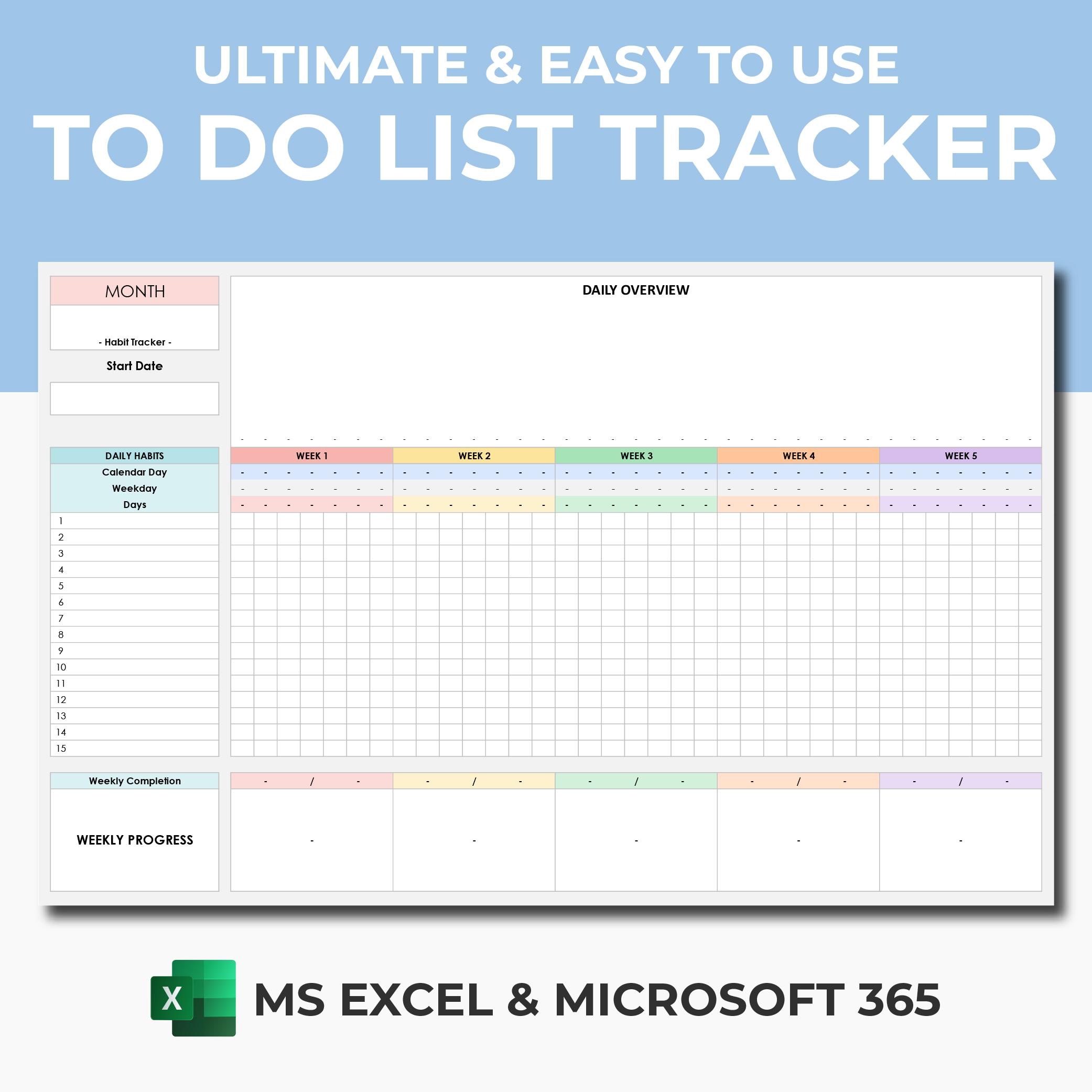 To Do List Tracker Template | Excel Spreadsheet | Monthly Weekly Daily ...