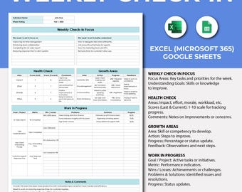 Weekly Team Member Check-in Template, Excel Google Sheets, Weekly Check ...
