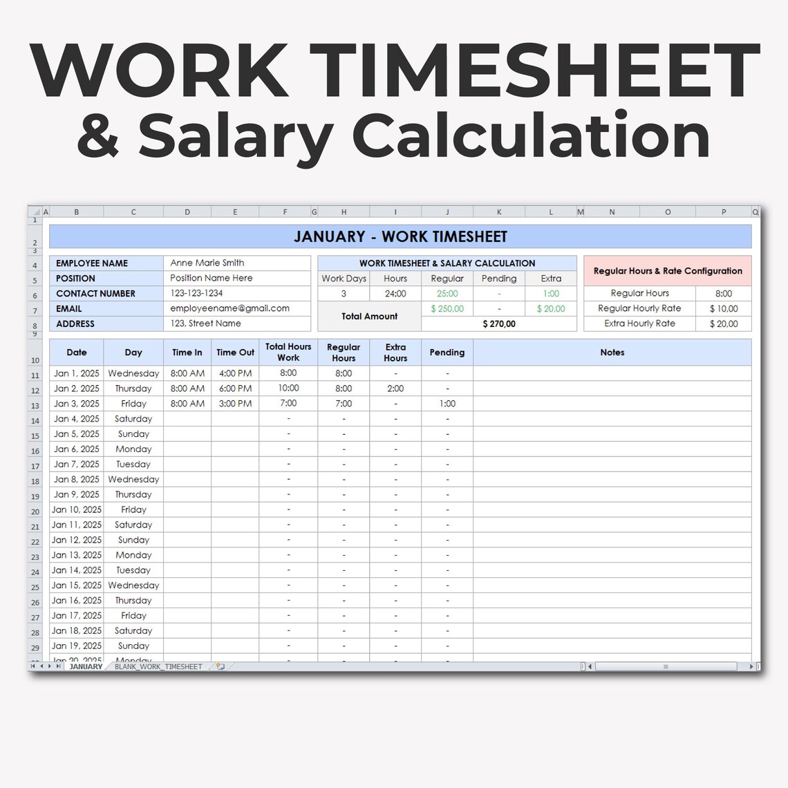 Work Timesheet And Salary Calculation With Hourly Rate Payroll And Time Tracking Employee Time