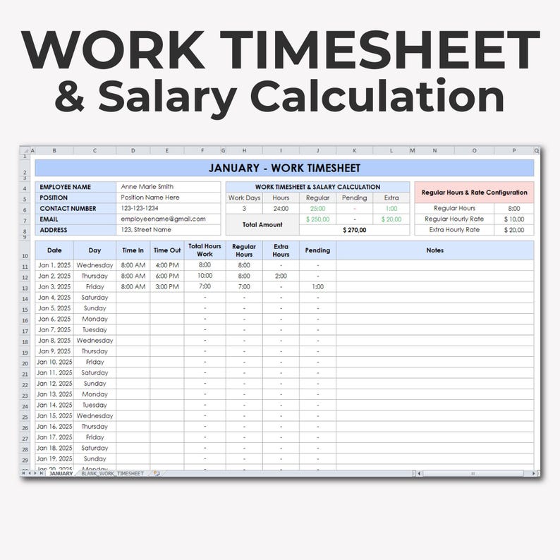 Work Timesheet & Salary Calculation With Hourly Rate | Payroll and Time ...