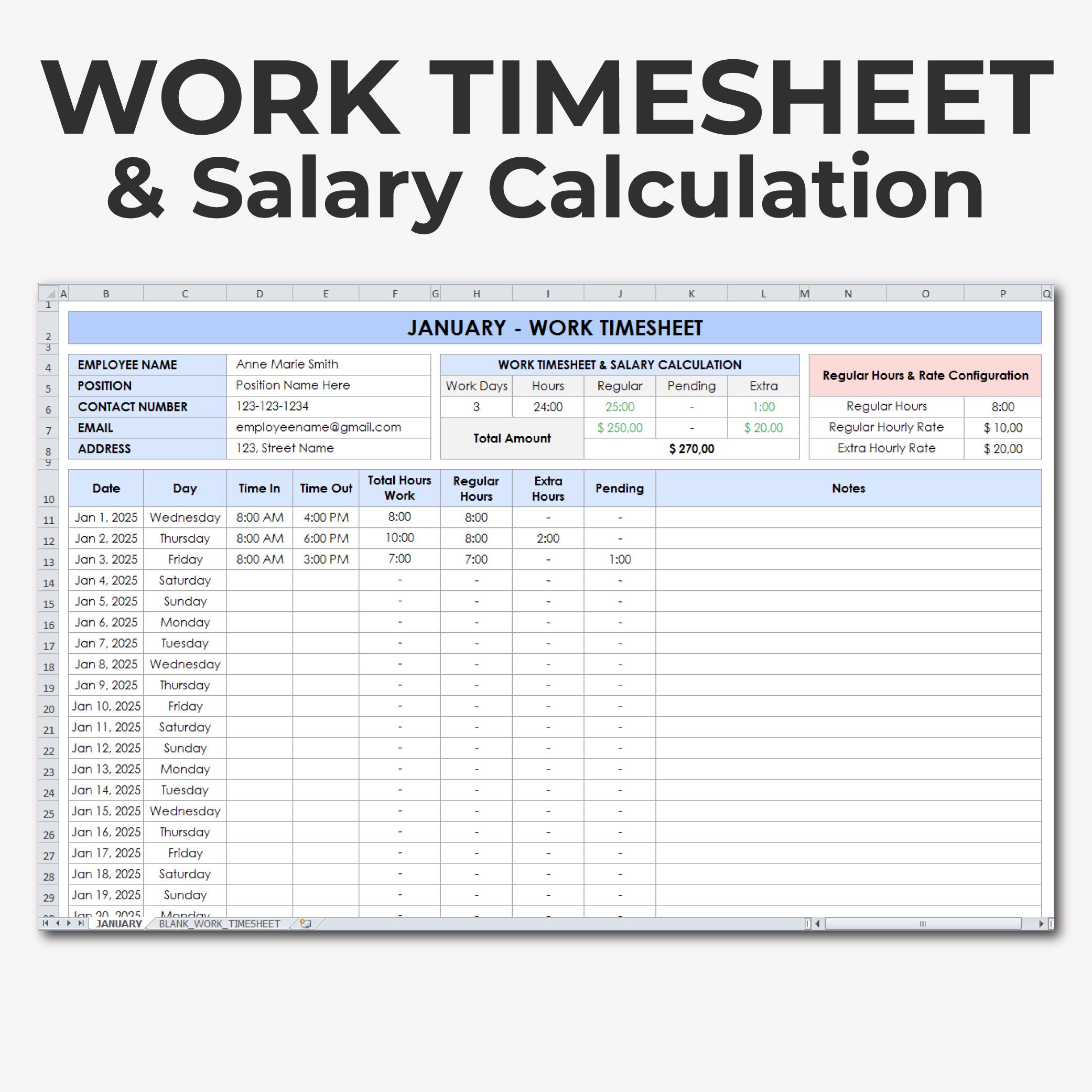 Work Timesheet & Salary Calculation With Hourly Rate | Payroll and Time ...