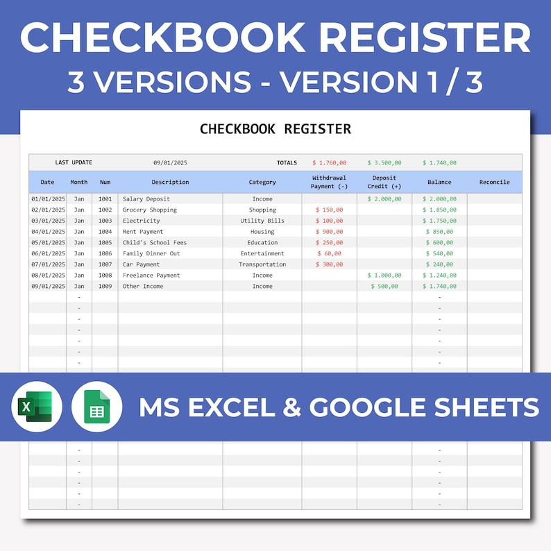 Checkbook Register Excel Spreadsheet & Google Sheets Template ...
