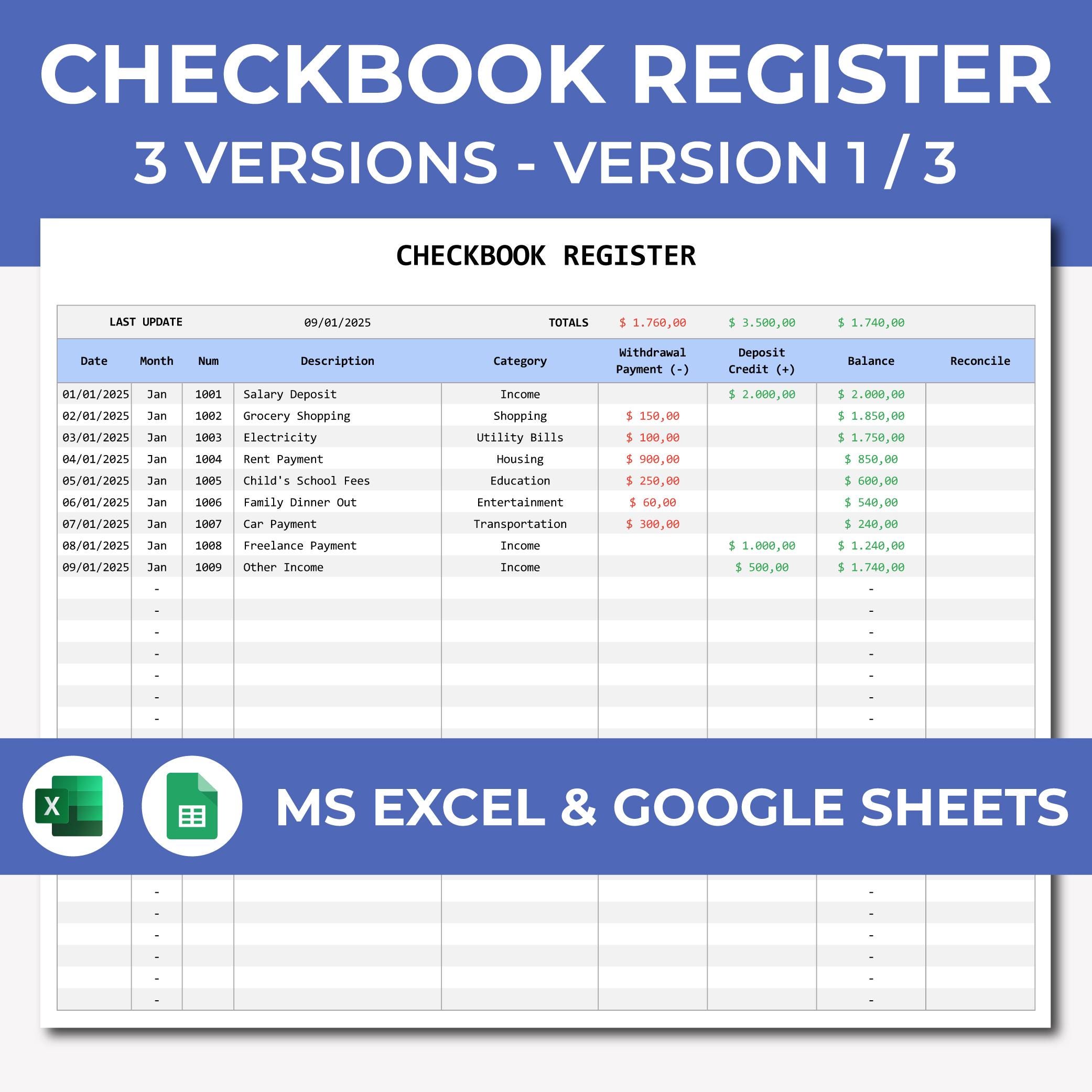 Checkbook Register Excel Spreadsheet & Google Sheets Template ...