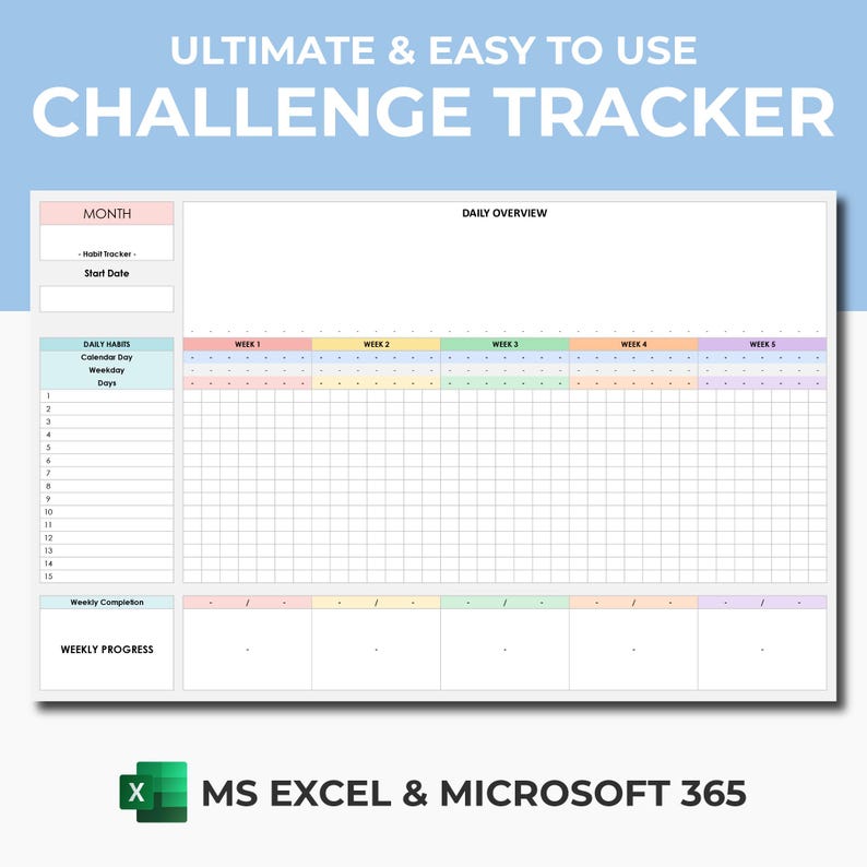 Challenge Tracker Template | Excel Spreadsheet | Monthly Weekly Daily ...