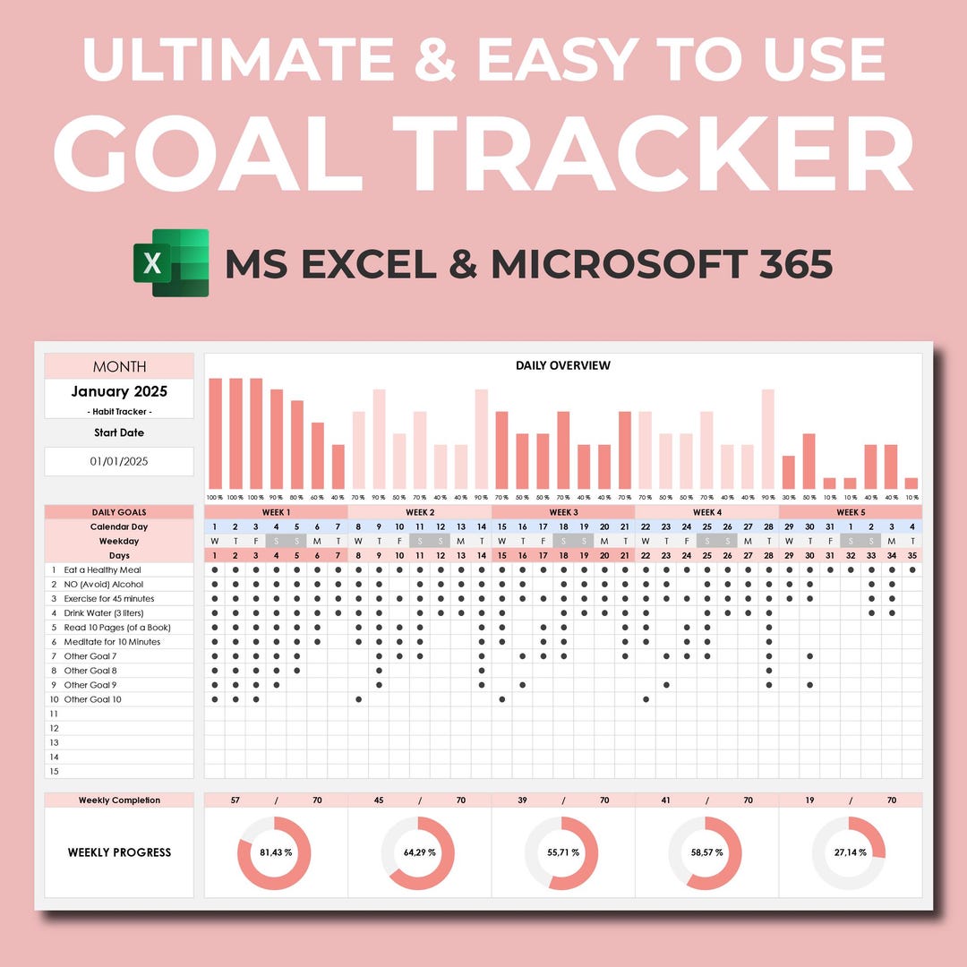 Goal Tracker Template | Excel Spreadsheet | Monthly Weekly Daily Goal ...