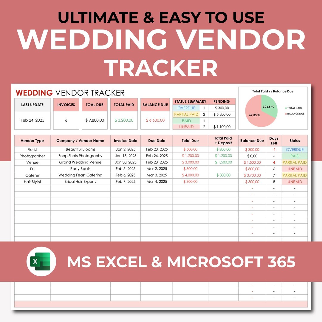 Wedding Vendor Payment Tracker | Wedding Invoices Tracker | Excel 365 ...