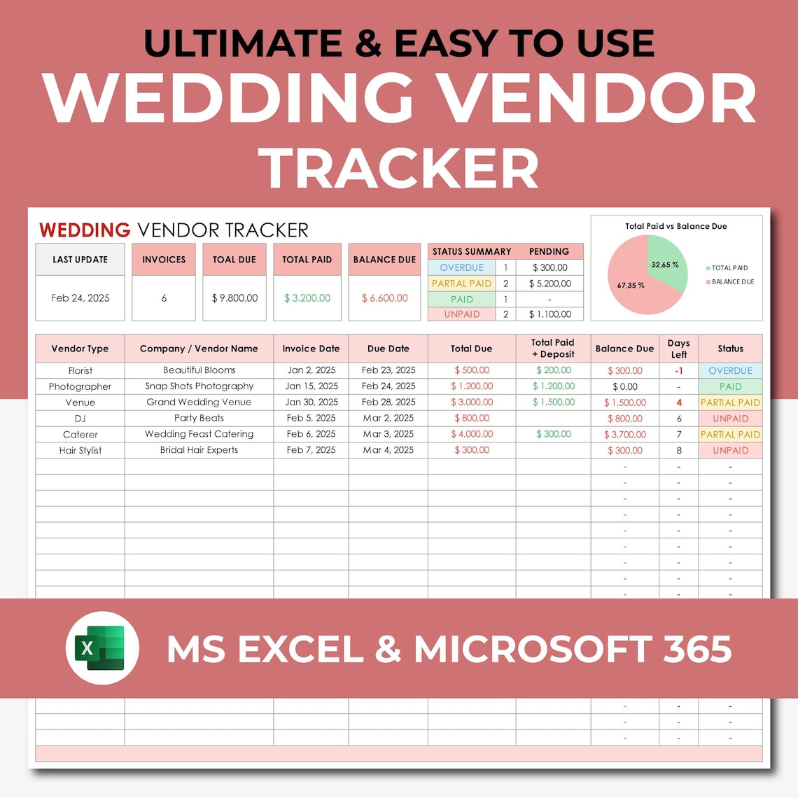 Wedding Vendor Payment Tracker | Wedding Invoices Tracker | Excel 365 ...