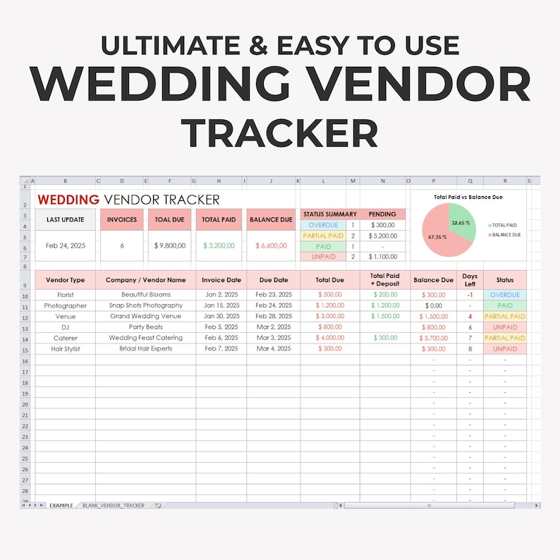 Wedding Vendor Payment Tracker | Wedding Invoices Tracker | Excel 365 ...