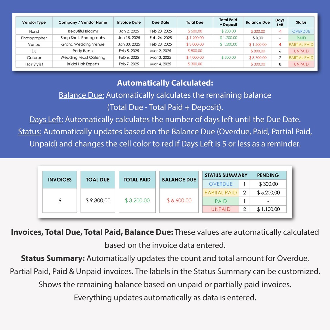 Event Vendor Payment Tracker| Event Bookkeeping Schedule |event ...