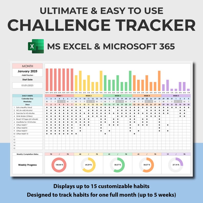 Challenge Tracker Template | Excel Spreadsheet | Monthly Weekly Daily ...