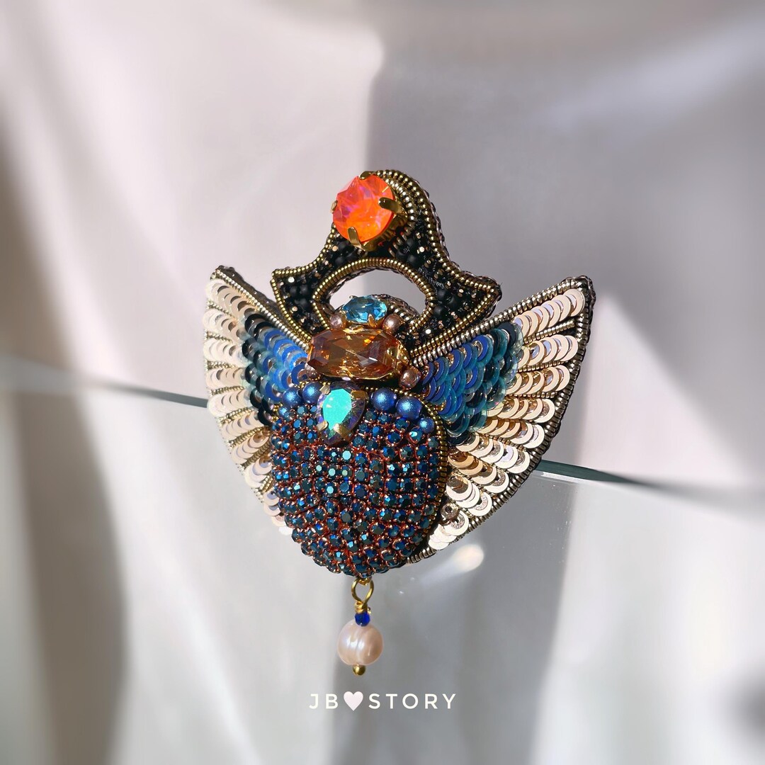 Gold Egyptian Scarab Brooch With Blue Accents and Freshwater Pearl ...
