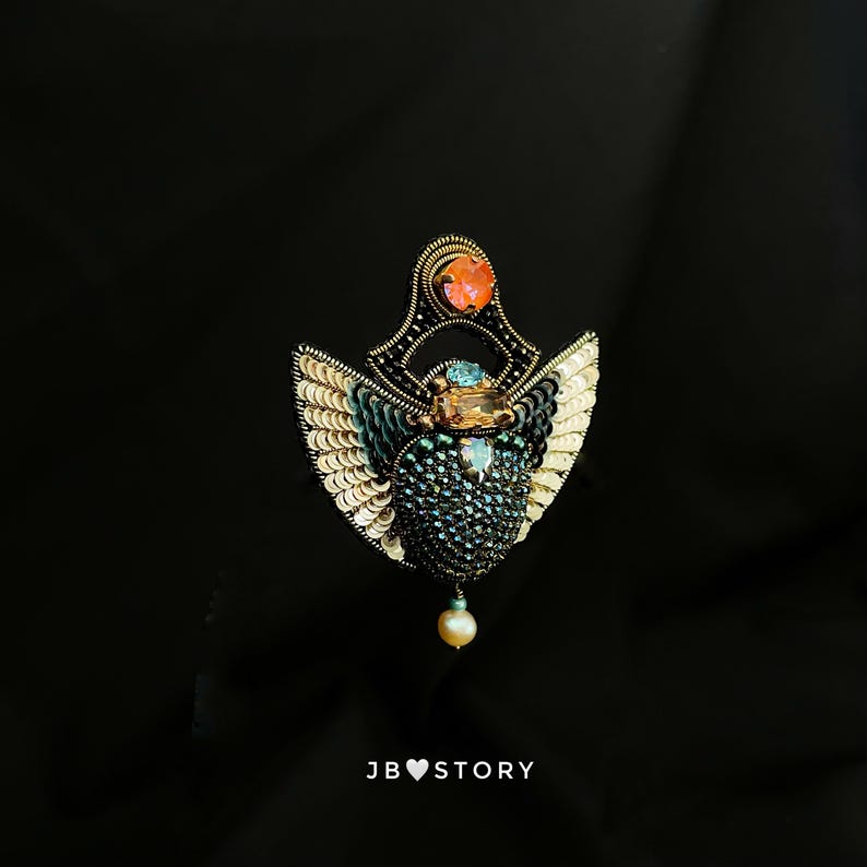 Gold Egyptian Scarab Brooch With Blue Accents and Freshwater Pearl ...