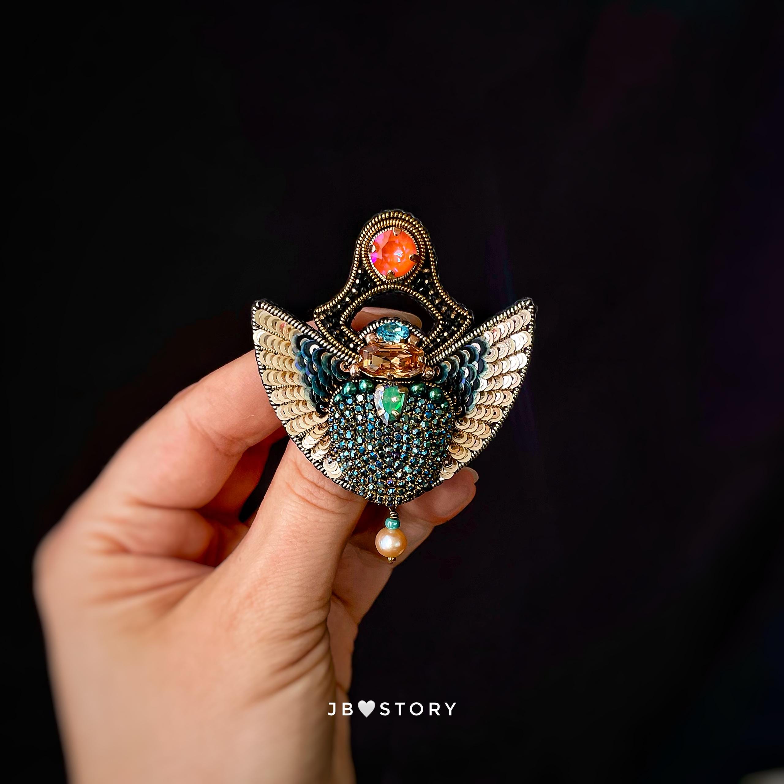 Gold Egyptian Scarab Brooch With Blue Accents and Freshwater Pearl ...
