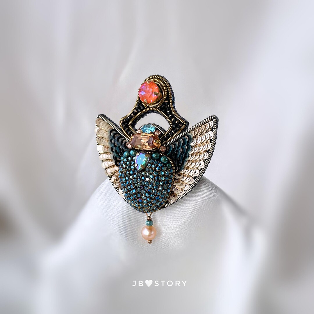 Gold Egyptian Scarab Brooch With Blue Accents and Freshwater Pearl ...