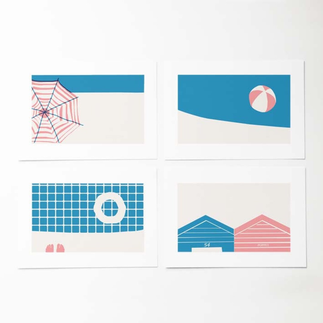 4 Summer Illustrated Postcards. Vintage Postcard Style. Beach Huts ...