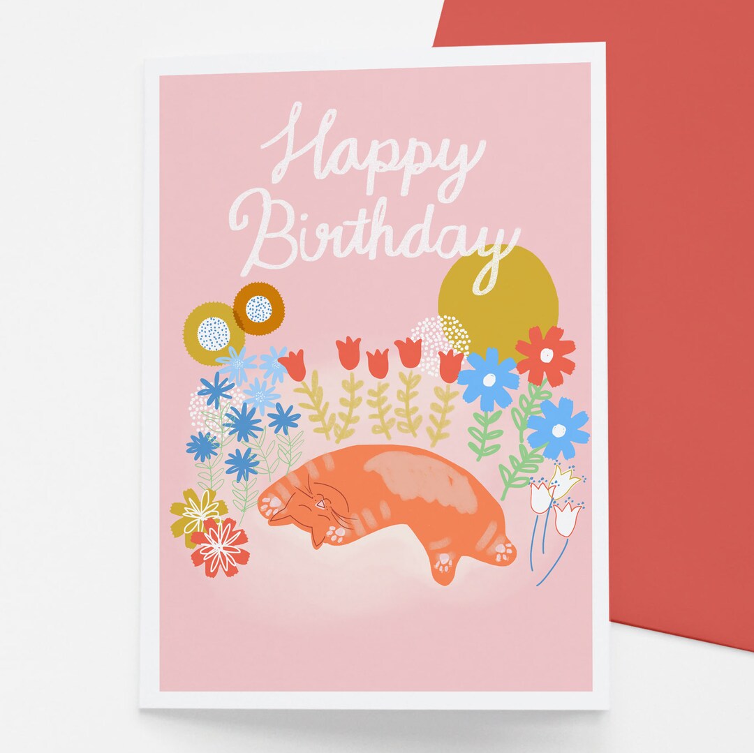 Sleepy Cat Birthday Card - Etsy