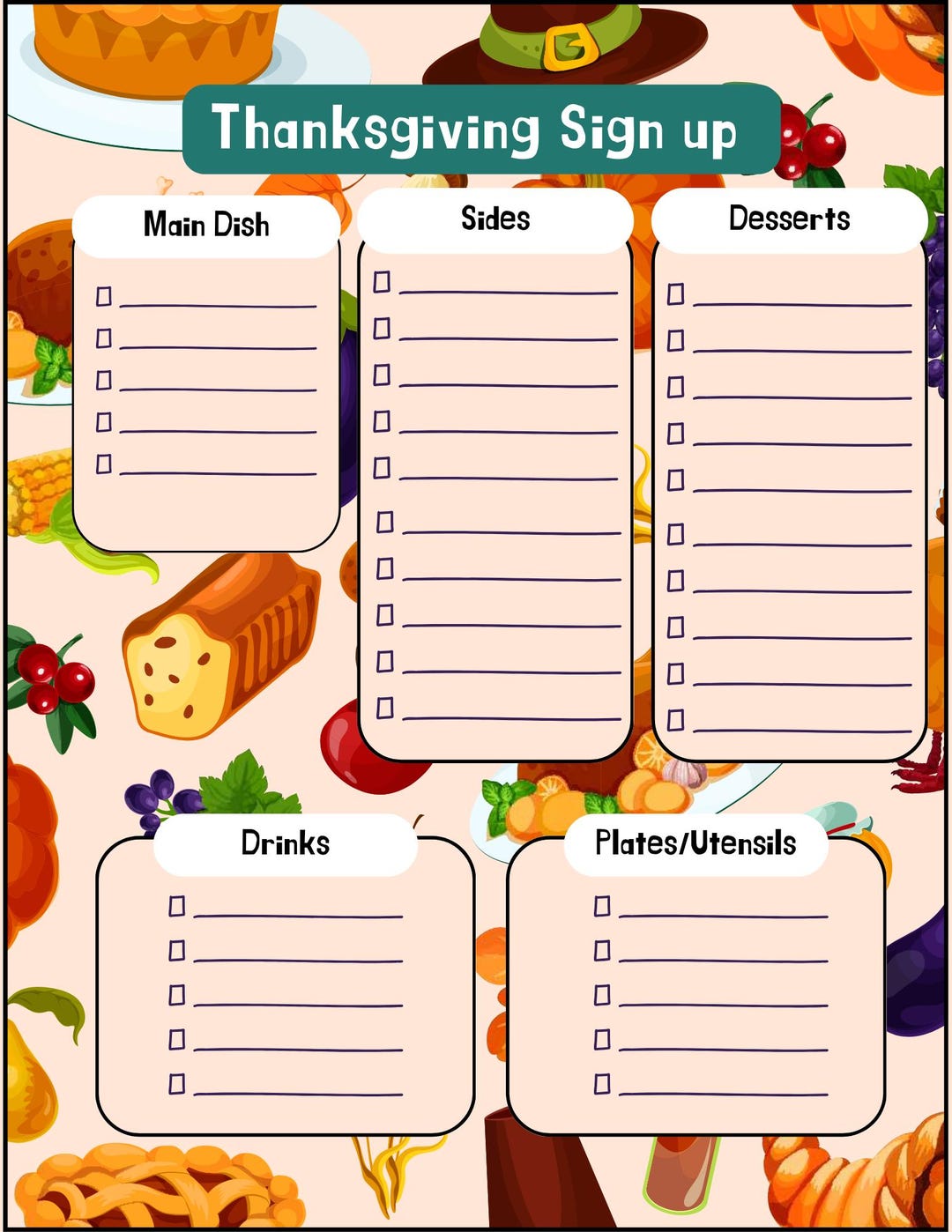 Thanksgiving Potluck Sign-up Sheet Printable Cute Fall Design Instant ...