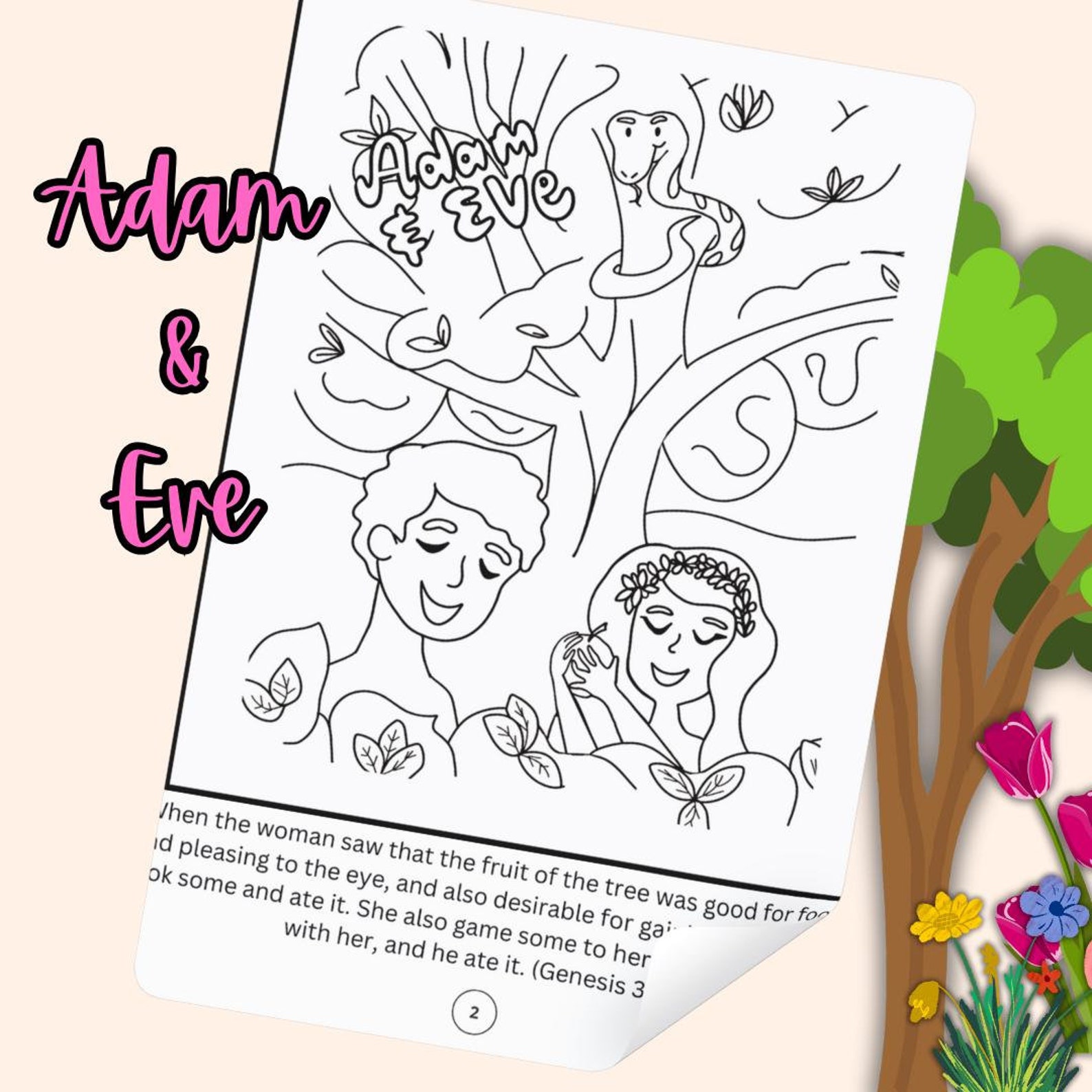 Kids Coloring Page Adam and Eve | Digital Download | Printable Coloring ...