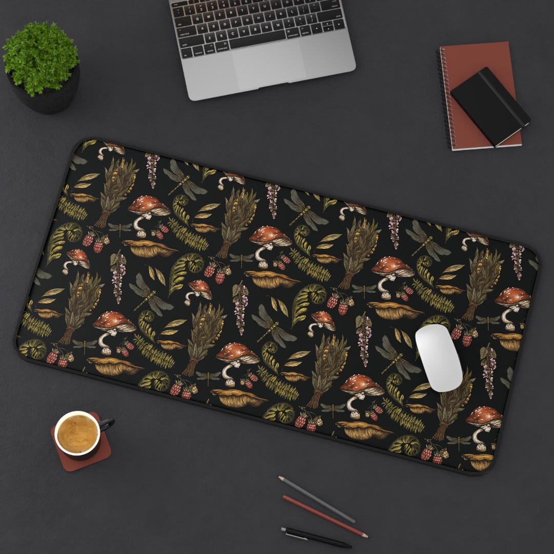 Forest Themed Desk Mat: Mushroom, Dragonfly, & Herbal Design for Druids ...