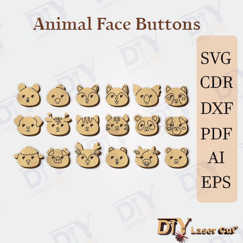 Animal Face Buttons Laser Cut Svg, Kids Sewing Crafts, Cute Animal ...