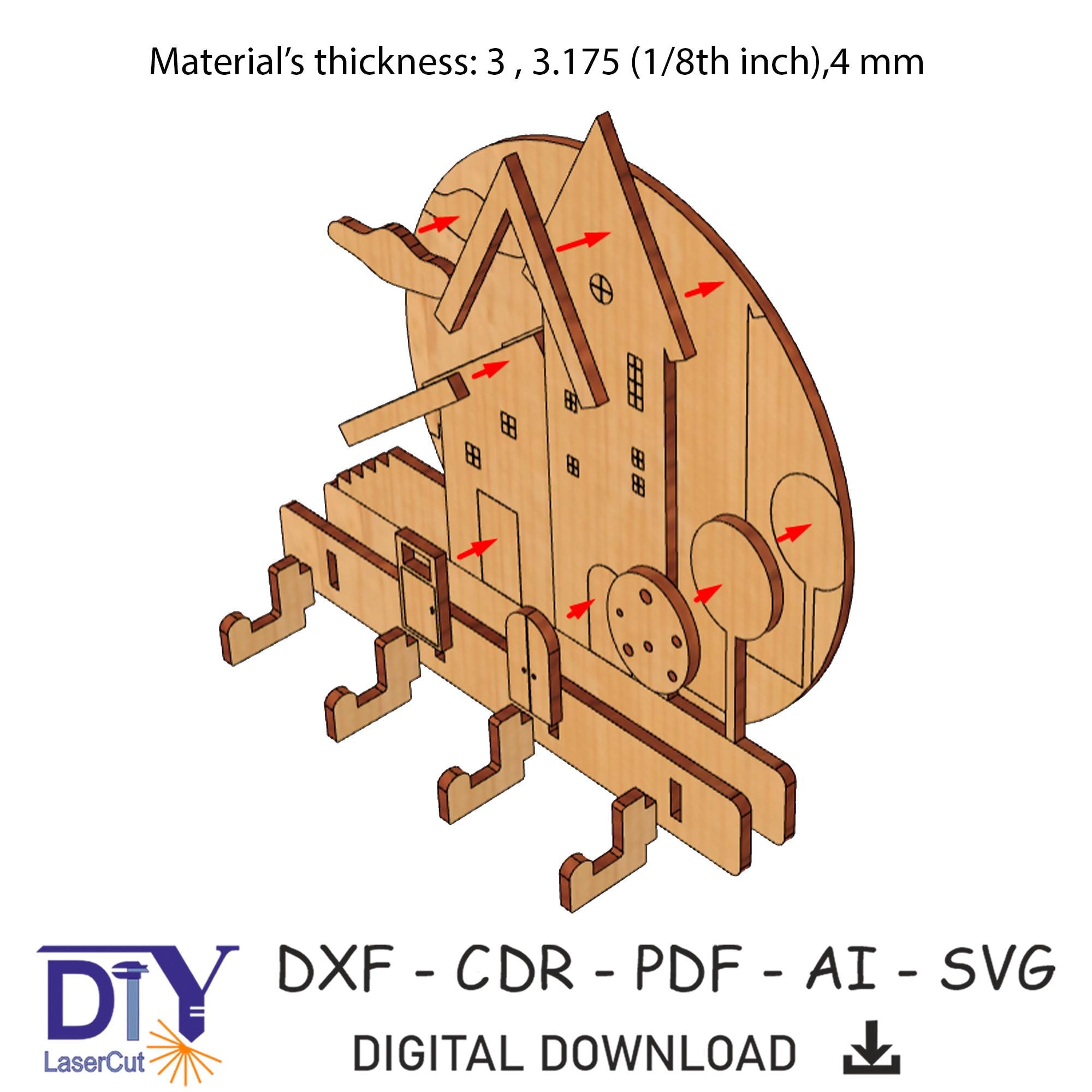 Key Holder With Cute Houses Laser Cut File, Key Holder for Wall ...