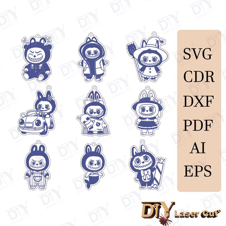Labubu Keychain SVG 9 Engraving Templates, Cute Laser Cut File for Kids ...