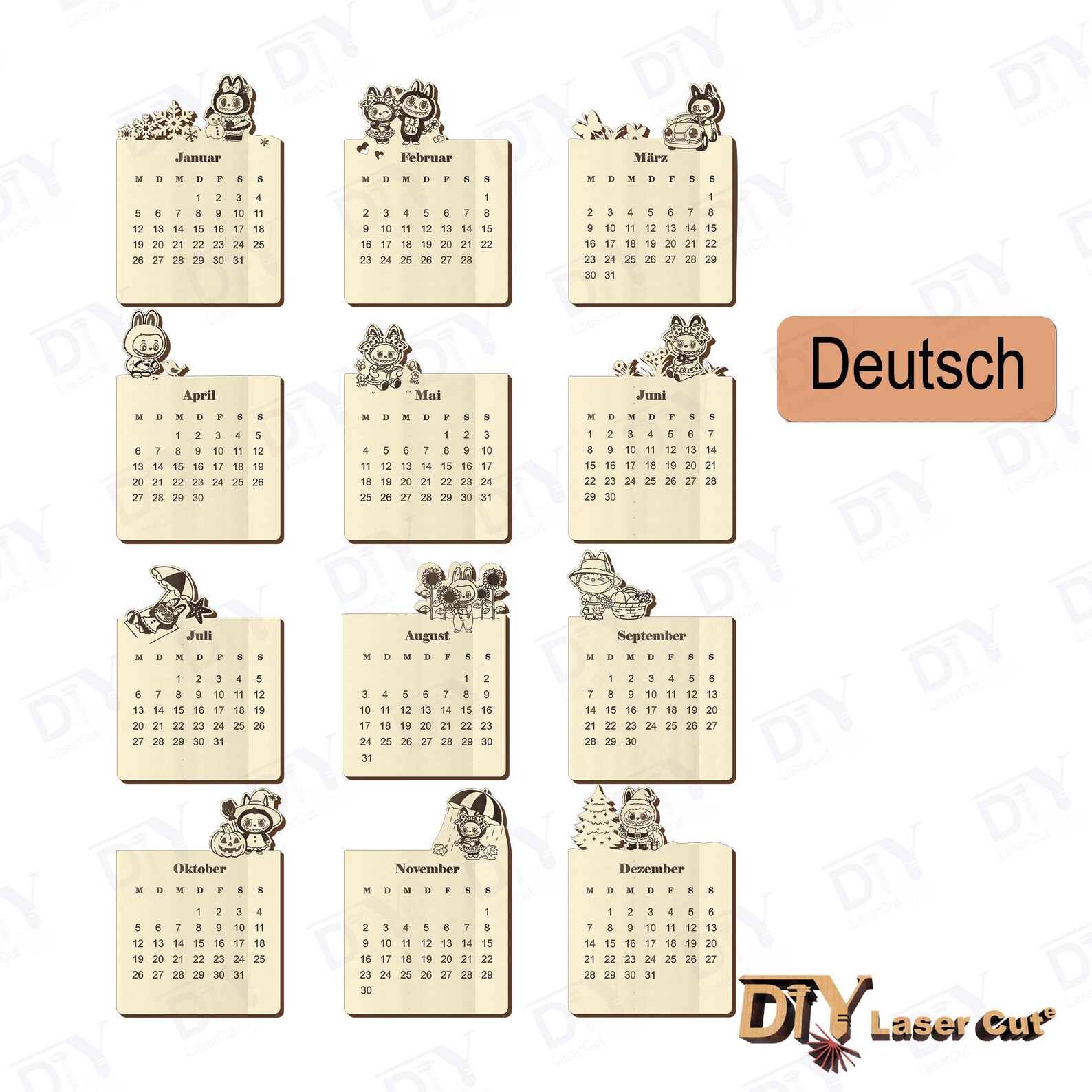 Labubu Desk Calendar 2026, Seasonal Wooden Organizer With 12 Monthly ...