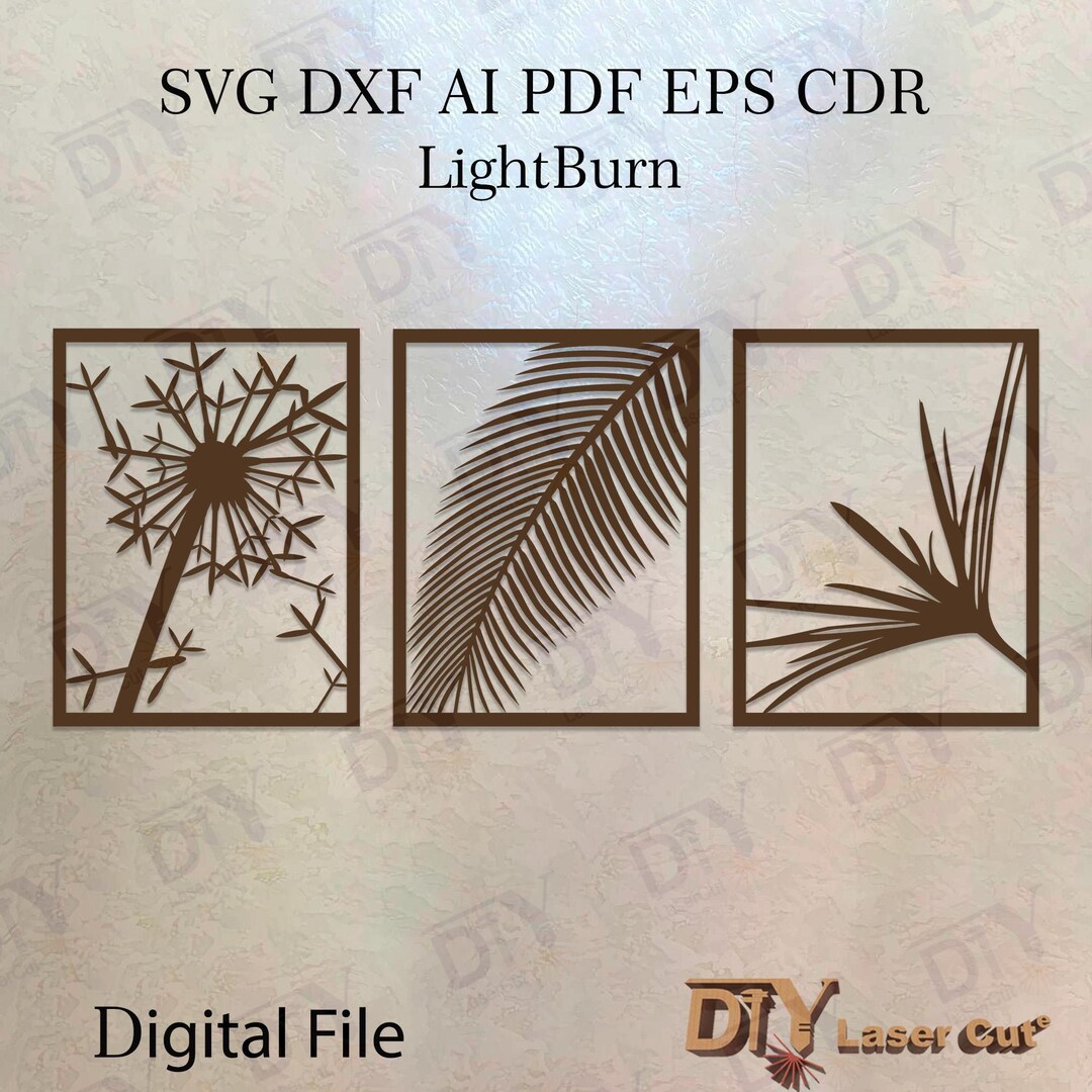 Triptych With Palm Trees and Dandelion Svg, Palm Tree Dxf, Large Leaves ...