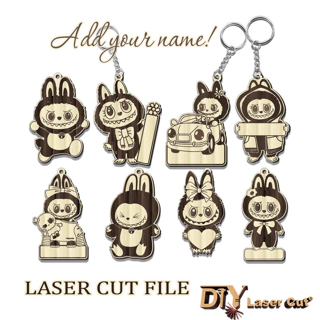 Labubu Keychain SVG 8 Engraving Templates With Name Area, Cute Laser ...
