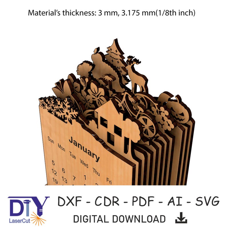 Layered Calendar 2025 With Stand Bundle, 3D Calendar Laser Cut, 3mm 1 ...