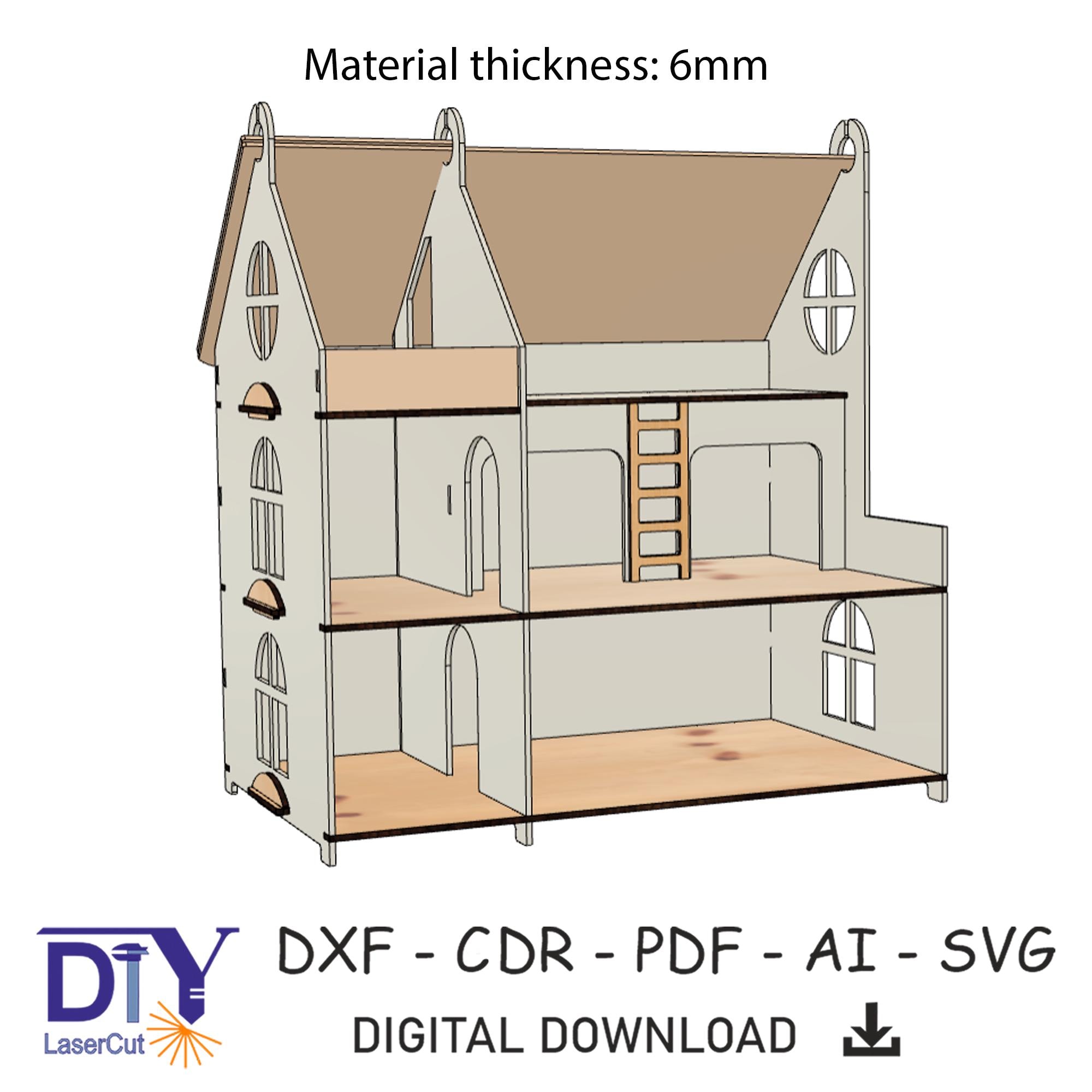 Large Dollhouse SVG Laser Cut File 6mm, 1/12 Doll, Wooden House for ...