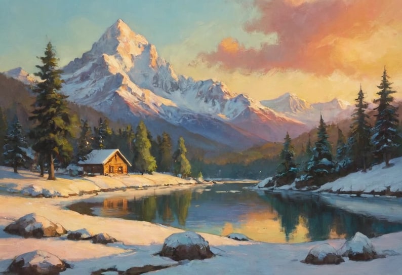 Warm Winter, Sunset on the Lake, Snow Scenery, Winter Art, Art Print ...