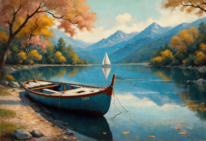 Autumn Lake, Wooden Boat, Vivid Waterside, Mountain and Lake, Painting ...