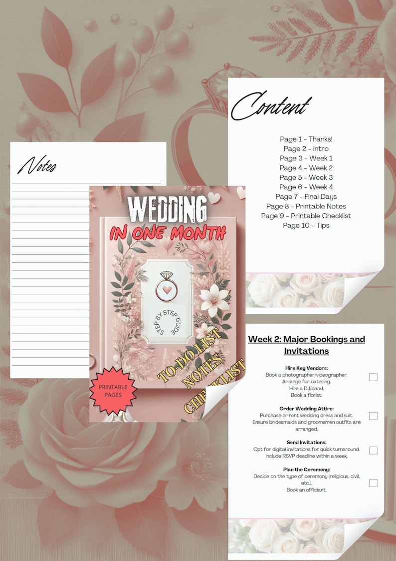 Wedding in One Month GUIDE, Printable, Notes, Checklist - Etsy