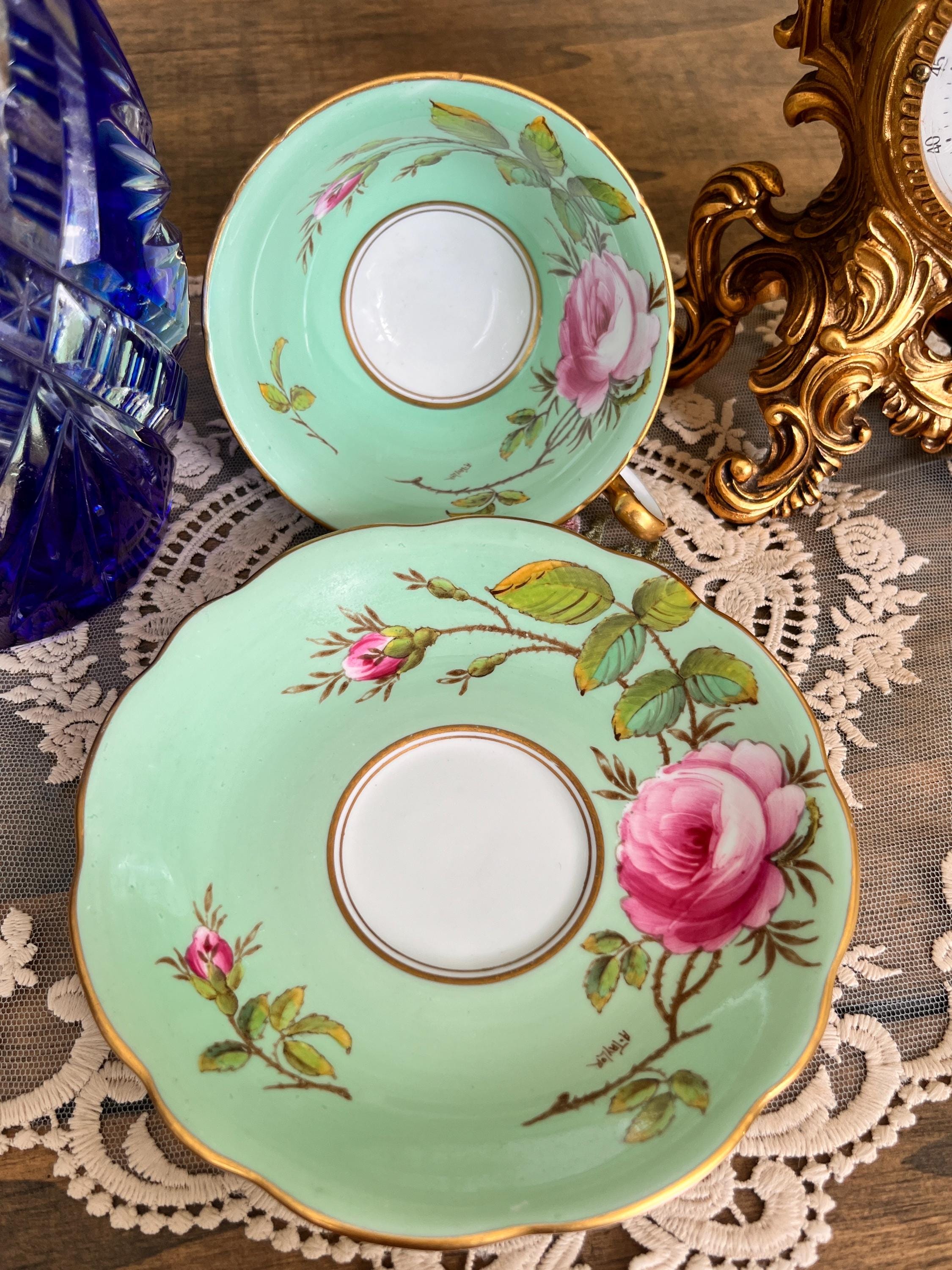 Rare Foley Green Vintage Teacup Set With Rose Signed English Bone China ...