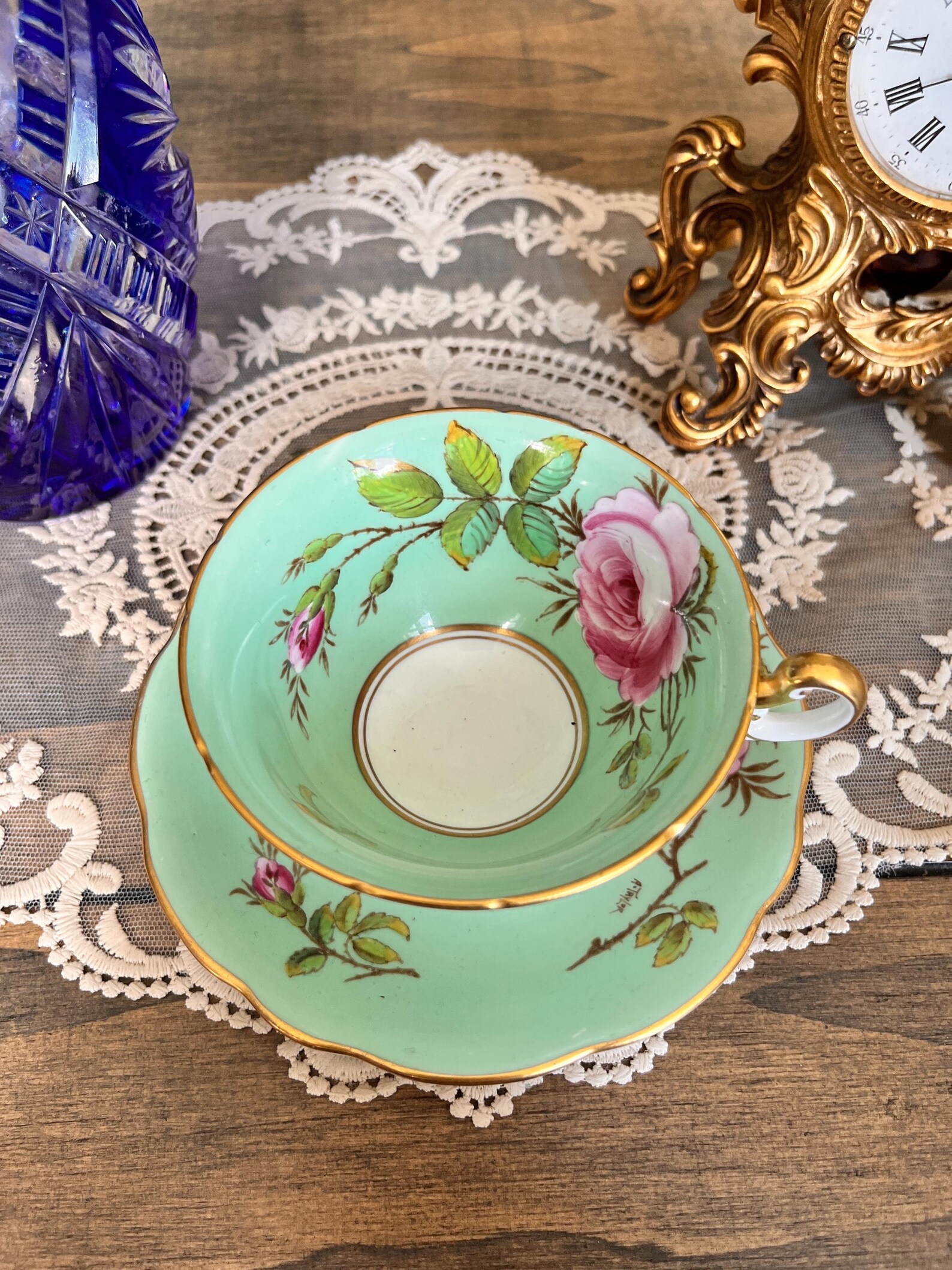 Rare Foley Green Vintage Teacup Set With Rose Signed English Bone China ...