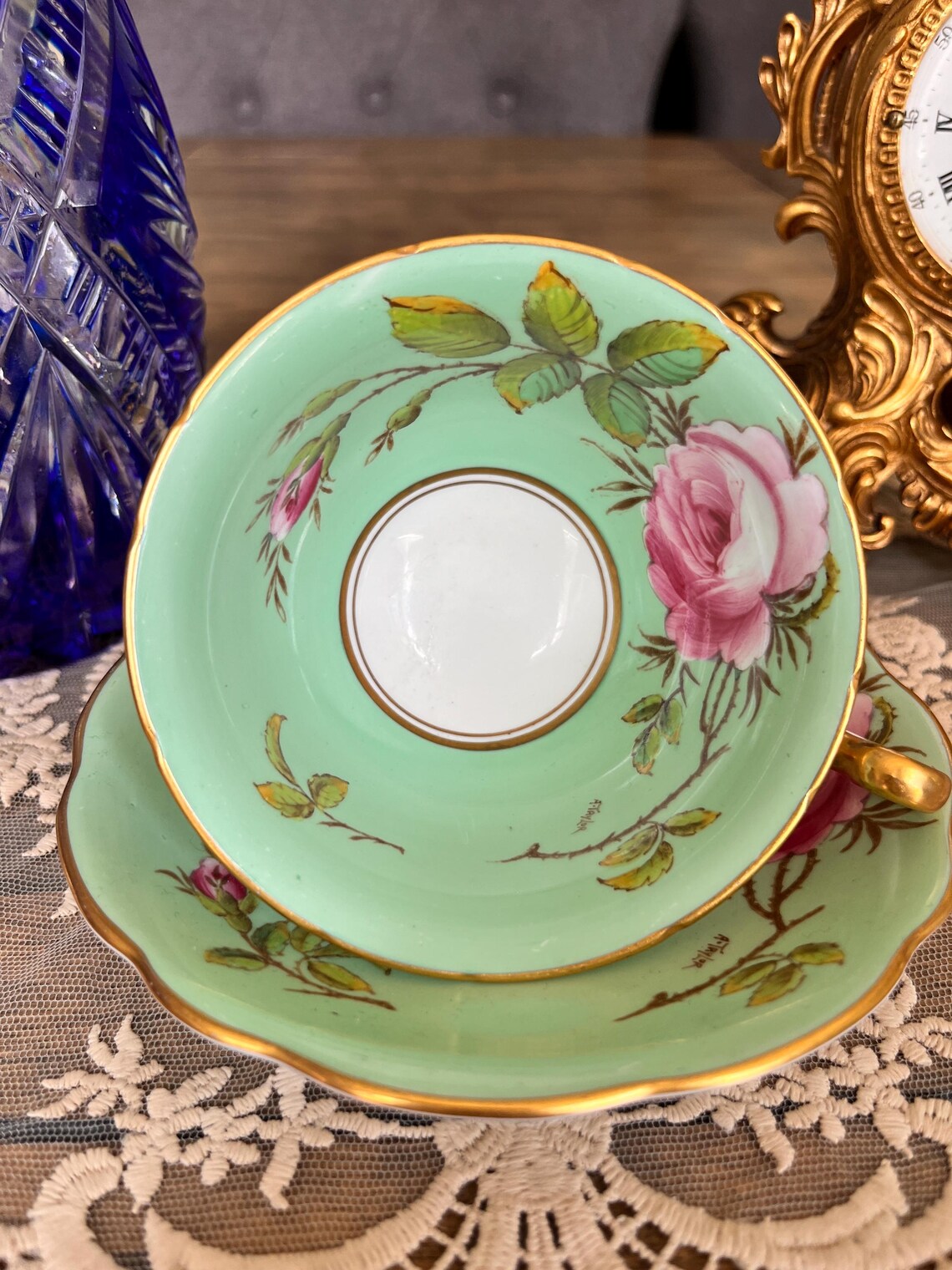 Rare Foley Green Vintage Teacup Set With Rose Signed English Bone China ...