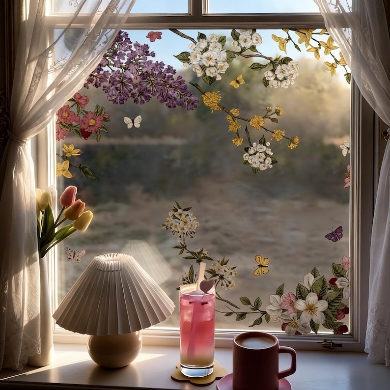 Watercolor Flower Window Stickers, Static Cling Floral Decals for ...