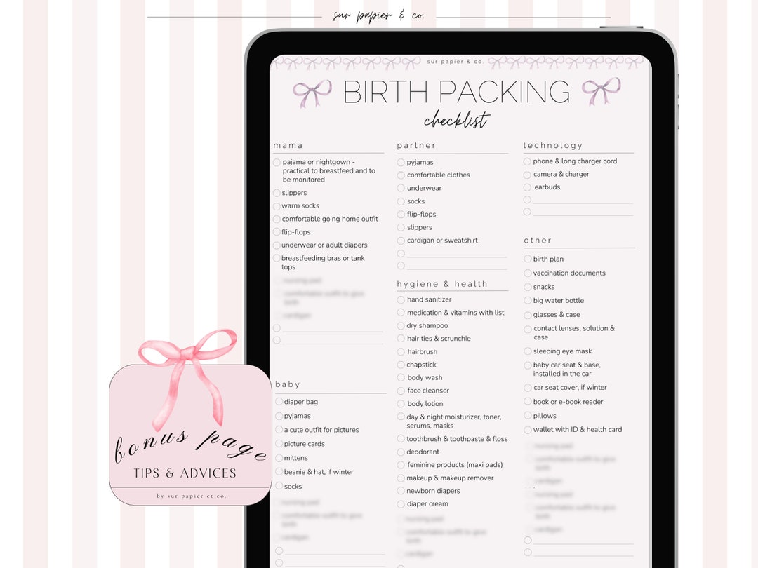 Birth Packing List Coquette Printable Hospital Bag Checklist Pink Bow ...