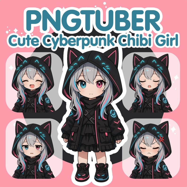 Cyberpunk Chibi Pngtuber Model: Premade Futuristic Neon Streaming ...