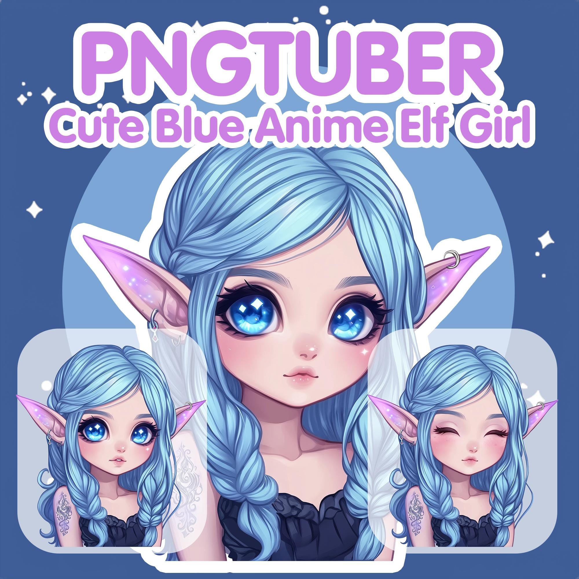 Chibi Anime Elf Girl Pngtuber Model: Blue Fantasy Streaming Avatar ...