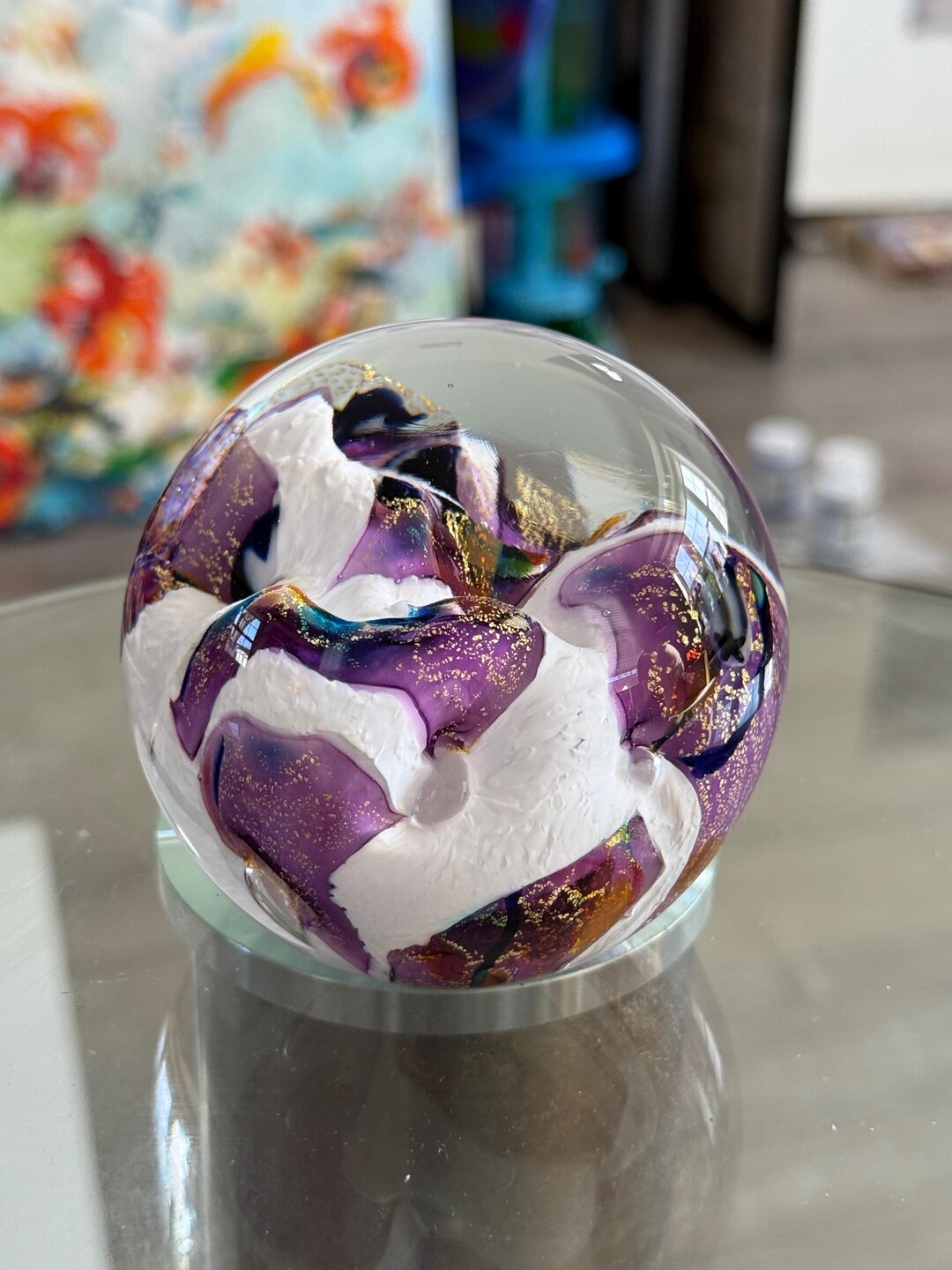 Robert Held Art Glass Paperweight White and Purple Swirl, Signed by the ...