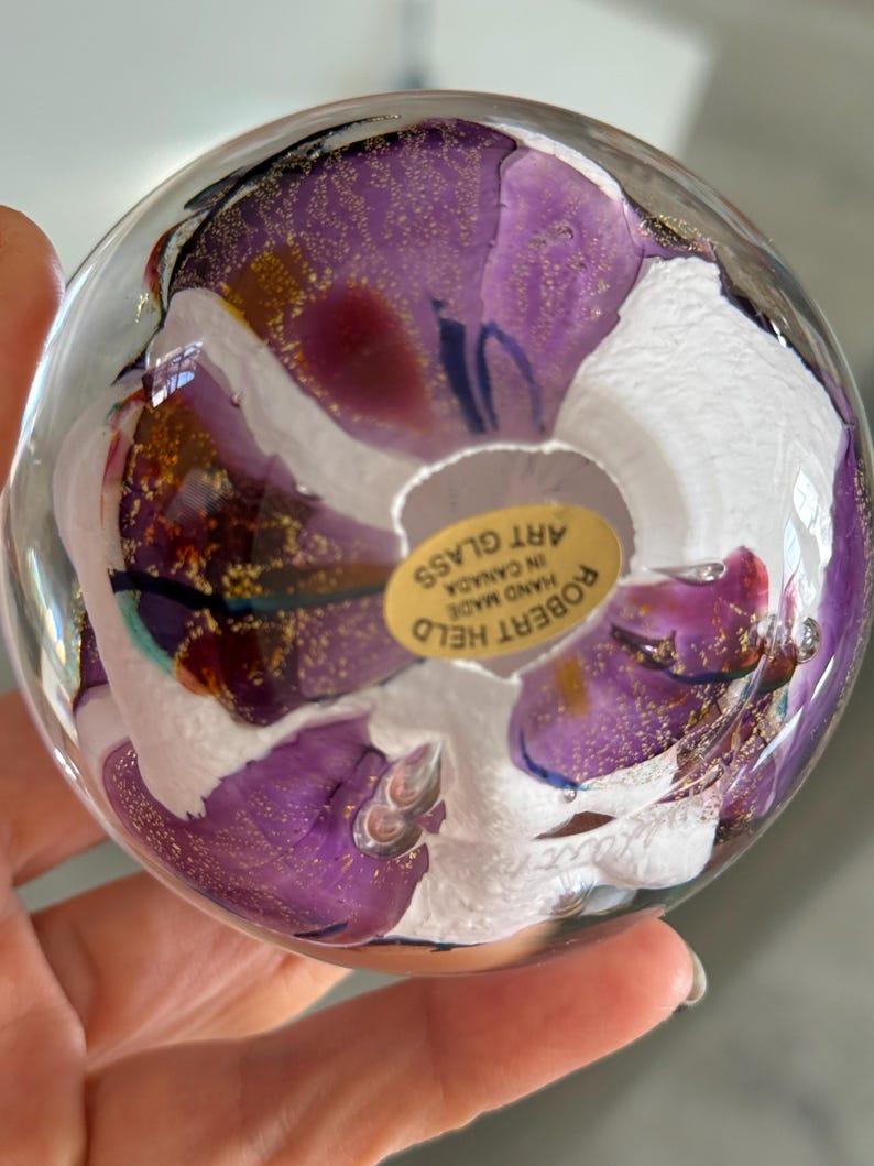 Robert Held Art Glass Paperweight White and Purple Swirl, Signed by the ...