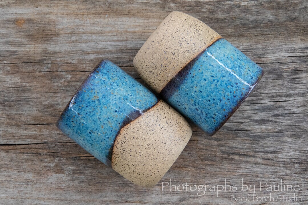 Set of Two Rustic Blue Stoneware Tumblers, Handleless Mug, Handmade by ...
