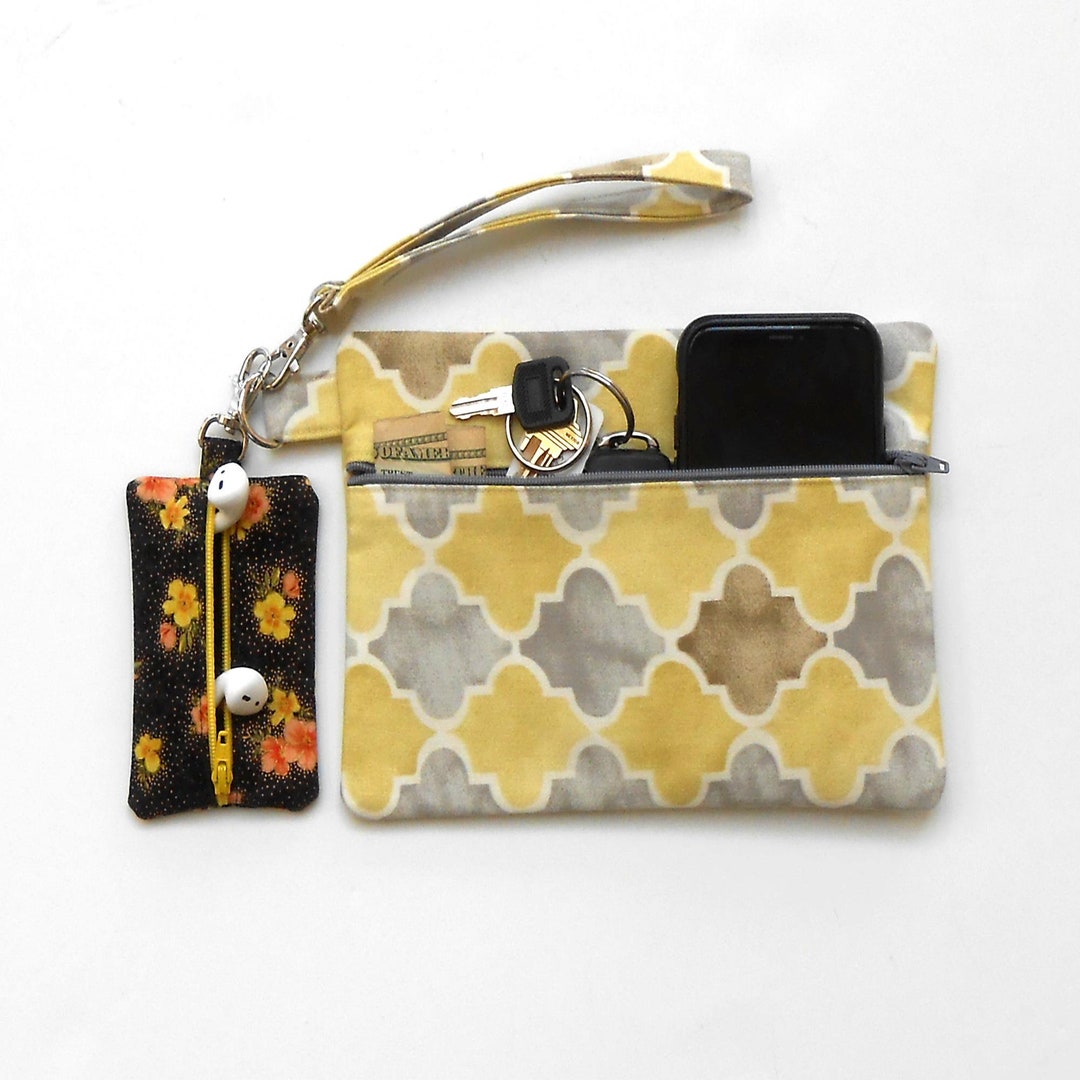 Yellow Wristlet Plus Yellow and Black Ear Bud Case or Coin Purse, Front ...