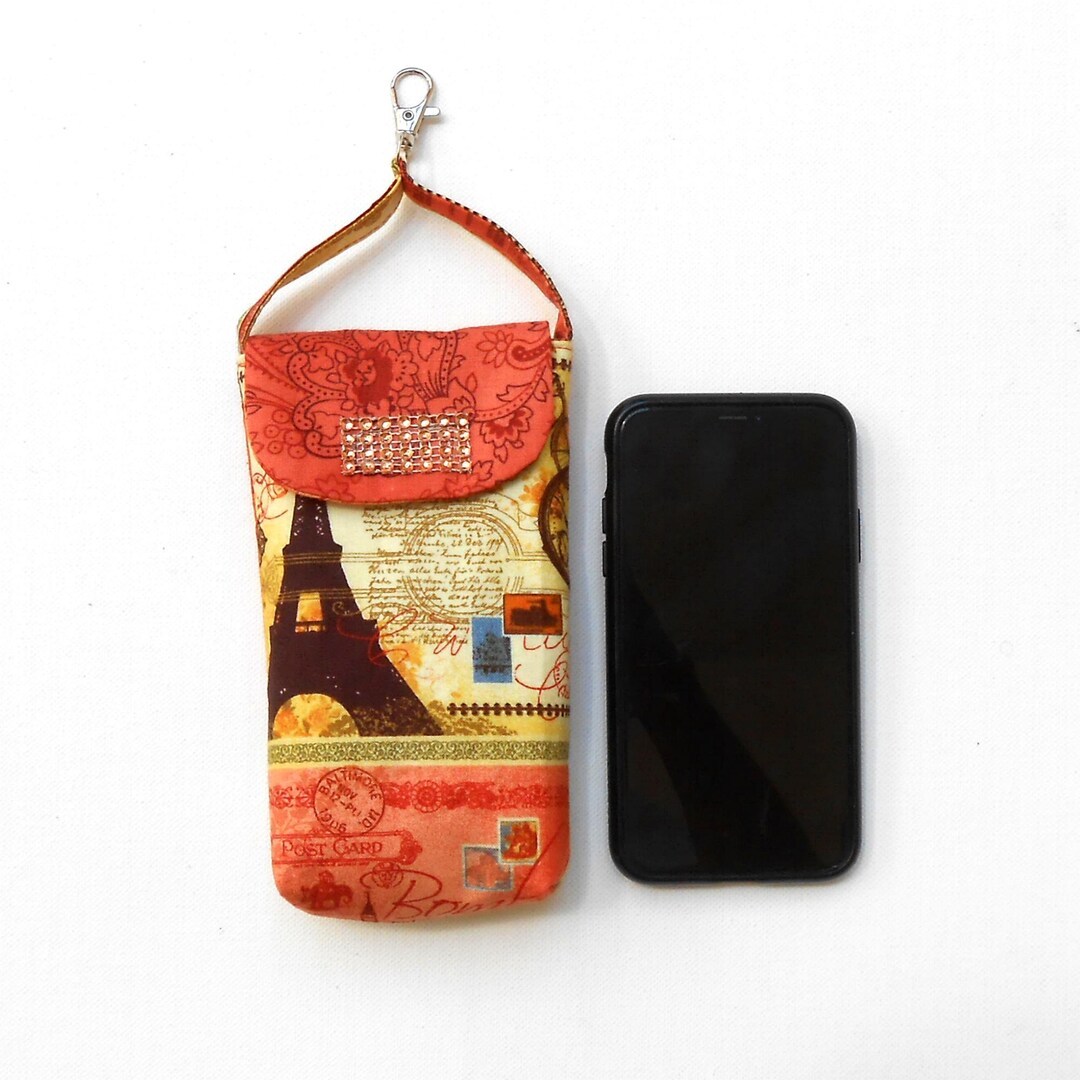 Fabric Cell Phone Holder, Rust and Yellow Postcard Print, Phone Carrier ...