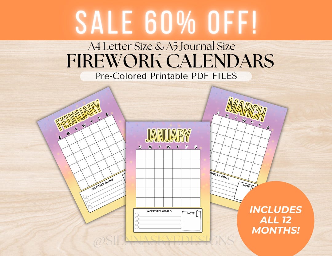 Monthly Printable Calendars, Fireworks Planner, Fireworks Journal ...