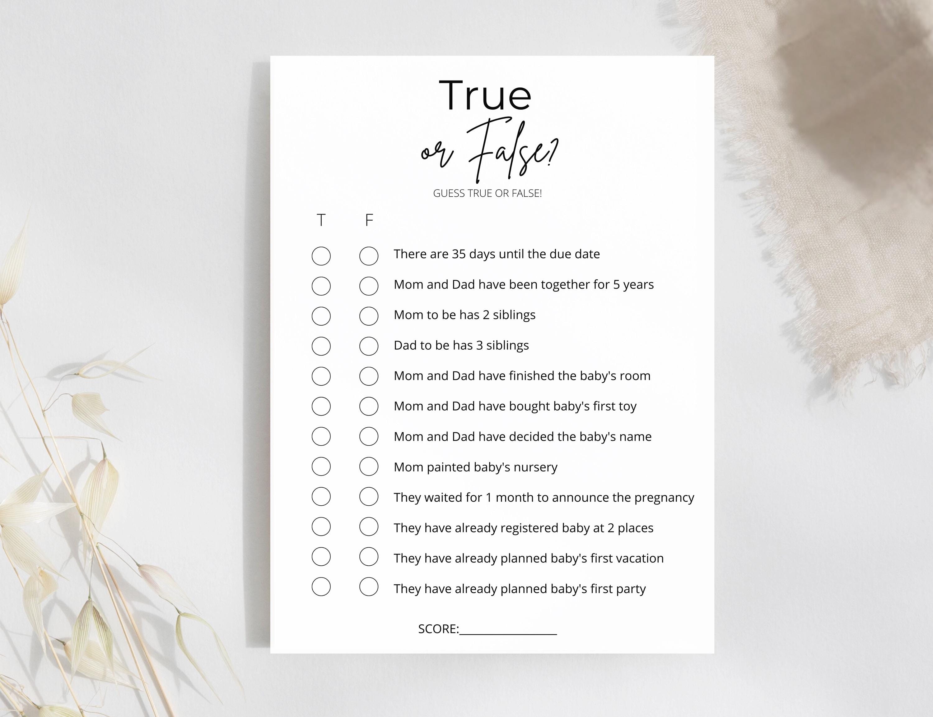 True or False Baby Shower Game Baby Shower Party Game Baby Trivia Game ...