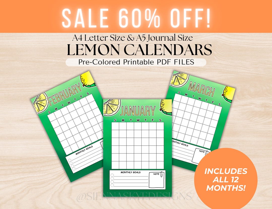 Monthly Printable Calendars, Lemon Planner, Lemon Journal Monthly ...